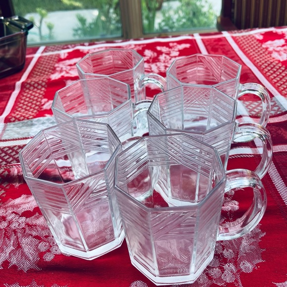Dining | 6 Vintage Usa Arcoroc Glass Mugs Octagon Shape Clear Hardened ...